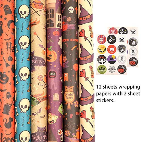 MAMUNU 12 Sheets Halloween Pattern Paper Set, 20×28In Kraft Favor Halloween Wrapping Paper with Sealing Stickers for Halloween Party Decoration DIY Crafting Art Projects