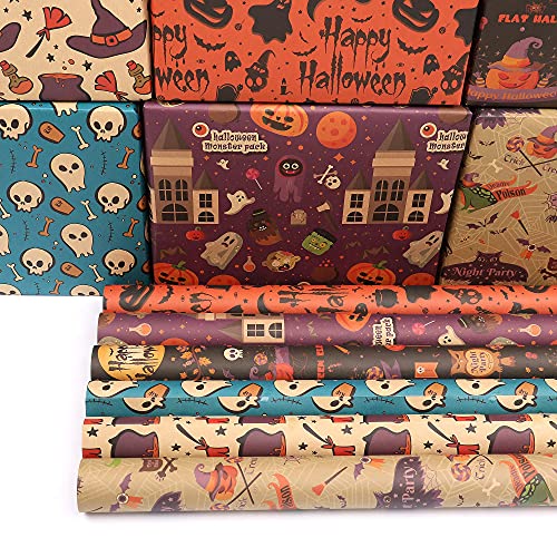 MAMUNU 12 Sheets Halloween Pattern Paper Set, 20×28In Kraft Favor Halloween Wrapping Paper with Sealing Stickers for Halloween Party Decoration DIY Crafting Art Projects