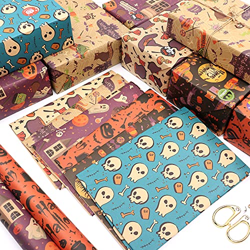 MAMUNU 12 Sheets Halloween Pattern Paper Set, 20×28In Kraft Favor Halloween Wrapping Paper with Sealing Stickers for Halloween Party Decoration DIY Crafting Art Projects