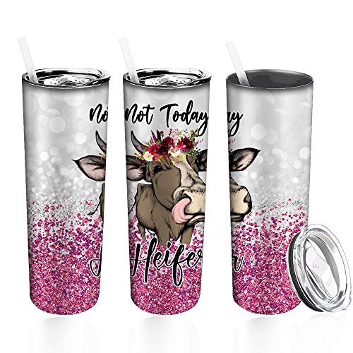 Homega Heifer Straight Tumbler Mug 30oz Cow Skinny Travel Mug Not Today Heifer Vacuum Insulated Coffee Cups Pink Double Wall Thermal Water Bottle for Car Travel Work Sport