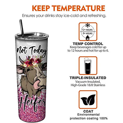 Homega Heifer Straight Tumbler Mug 30oz Cow Skinny Travel Mug Not Today Heifer Vacuum Insulated Coffee Cups Pink Double Wall Thermal Water Bottle for Car Travel Work Sport