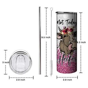 Homega Heifer Straight Tumbler Mug 30oz Cow Skinny Travel Mug Not Today Heifer Vacuum Insulated Coffee Cups Pink Double Wall Thermal Water Bottle for Car Travel Work Sport