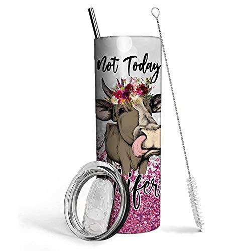 Homega Heifer Straight Tumbler Mug 30oz Cow Skinny Travel Mug Not Today Heifer Vacuum Insulated Coffee Cups Pink Double Wall Thermal Water Bottle for Car Travel Work Sport