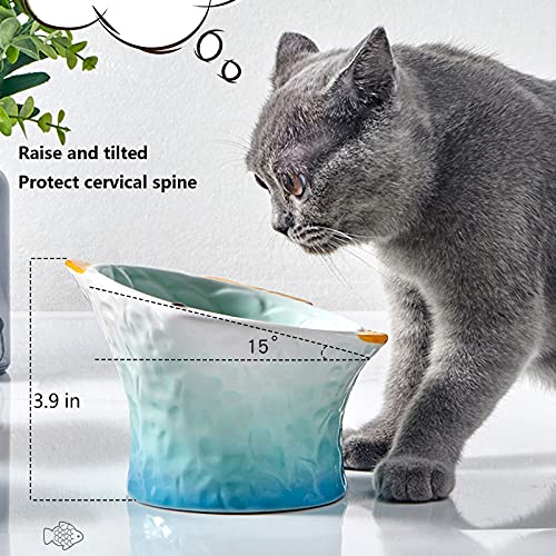 Raised Tilted Ceramic Cat Bowl - Cute Elevated Slanted Shallow Angled Cat Dish - Personalized Pet Feeder for Food Feeding - Ergonomic Anti Vomiting Whisker Fatigue - Size for Cat and Small Dog