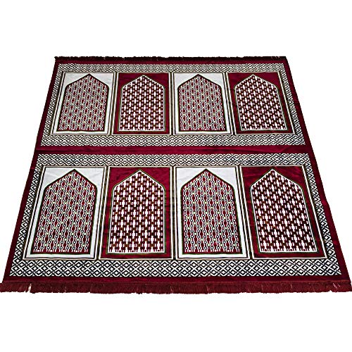 Modefa Turkish Prayer Rug | Wide 8 Multi Person Velvet Namaz Sajadah Janamaz | Family Group Mosque Carpet (Red #2)