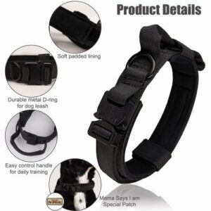 Tactical Dog Collar - KCUCOP Military Dog Collar with Mama Says I m Special Patch Thick with Handle K9 Collar Tactipup Dog Collars Adjustable Heavy Duty Metal Buckle for M,L,XL Dogs(Black-L)