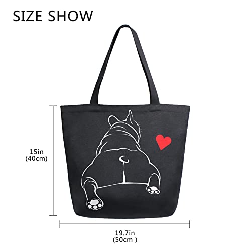 ALAZA Funny Bulldog Puppy Dog French Large Canvas Tote Bag Reusable Grocery Shopping Gift Bag with Handles, Heavy Duty, Washable