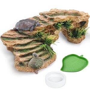 hamiledyi turtles basking platform 3pcs resin bearded dragons climbing step ramp tortoise resting dock rock hideout with feeder bowls for reptile lizards chameleons geckos frogs newts snakes