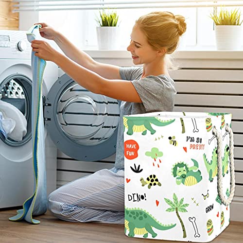 DEYYA Waterproof Laundry Baskets Tall Sturdy Foldable Green Dinosaurs Words Pattern Print Hamper for Adult Kids Teen Boys Girls in Bedrooms Bathroom