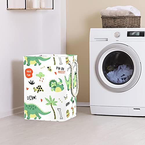 DEYYA Waterproof Laundry Baskets Tall Sturdy Foldable Green Dinosaurs Words Pattern Print Hamper for Adult Kids Teen Boys Girls in Bedrooms Bathroom