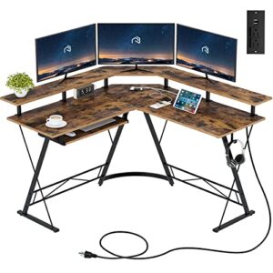 Rolanstar Computer Desk L Shaped with Power Outlet, 54” Reversible L Shaped Computer Desk with Monitor Stand and Keyboard Tray, Home Office Desk with USB Port & Hook, Rustic Brown