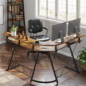 Rolanstar Computer Desk L Shaped with Power Outlet, 54” Reversible L Shaped Computer Desk with Monitor Stand and Keyboard Tray, Home Office Desk with USB Port & Hook, Rustic Brown