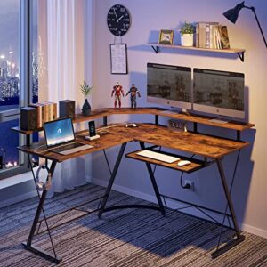 Rolanstar Computer Desk L Shaped with Power Outlet, 54” Reversible L Shaped Computer Desk with Monitor Stand and Keyboard Tray, Home Office Desk with USB Port & Hook, Rustic Brown