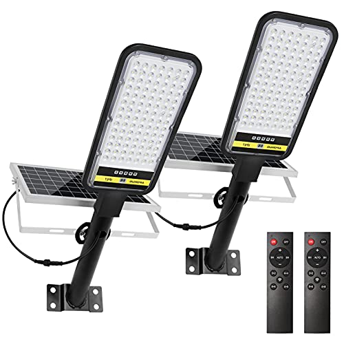 APONUO Solar Street Lights 2 Packs,100W Solar Street Light Outdoor Dusk to Dawn Lamp 98 LEDs 7000K Motion Sensor Light with Remote Control Pole Security Led Flood Light for Yard, Patio