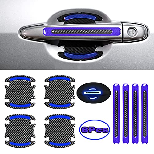 NOI 8Pcs Fashion Universal 3D Carbon Fiber Texture Car Door Handle Reflective Sticker Door Bowl Paint Scratch Protector Protective Cover Protective Film Safety Warning Function（Blue）