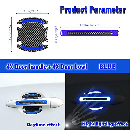 NOI 8Pcs Fashion Universal 3D Carbon Fiber Texture Car Door Handle Reflective Sticker Door Bowl Paint Scratch Protector Protective Cover Protective Film Safety Warning Function（Blue）