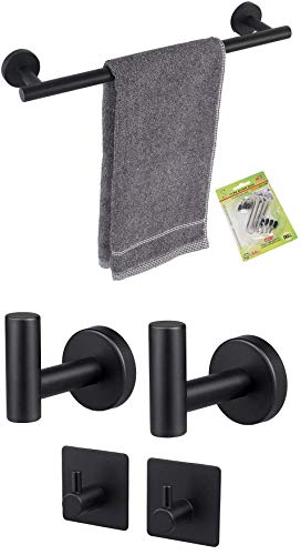 TocTen 16 inch Towel Rack for Bathroom + 4 Pack Towel Hooks Wall Mounted, Made of Thicken SUS304 Stainless Steel Material (Matte Black)