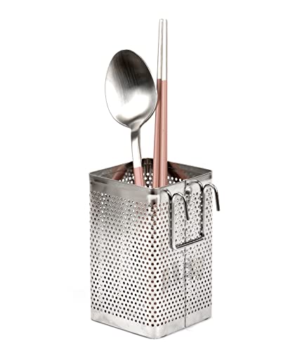 LENITH Kitchen Utensil Chopsticks Perforated Holder with Hooks - Stainless Steel Storage for Organizer Dishwasher Safe (Small Square)