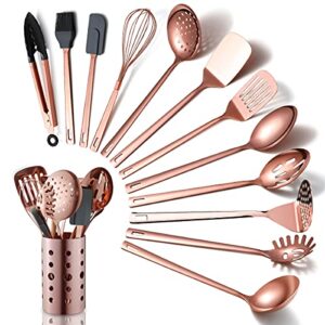 copper kitchen utensils set,13 pieces stainless steel cooking utensils set with titanium rose gold plating,kitchen tools set with utensil holder for non-stick cookware dishwasher safe (13 packs)