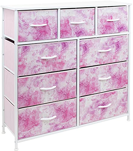 Sorbus Kids Dresser with 9 Drawers - Furniture Storage Chest Tower Unit for Bedroom, Hallway, Closet, Office Organization - Steel Frame, Wood Top, Tie-dye Fabric Bins (Pink, Tie-dye)