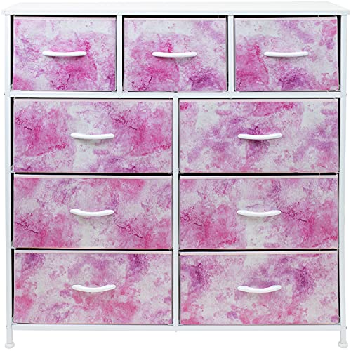 Sorbus Kids Dresser with 9 Drawers - Furniture Storage Chest Tower Unit for Bedroom, Hallway, Closet, Office Organization - Steel Frame, Wood Top, Tie-dye Fabric Bins (Pink, Tie-dye)