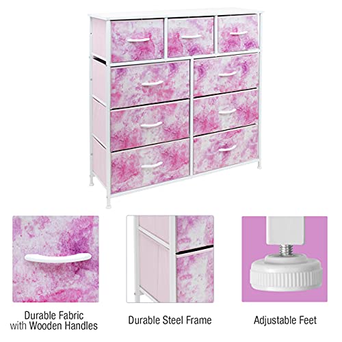 Sorbus Kids Dresser with 9 Drawers - Furniture Storage Chest Tower Unit for Bedroom, Hallway, Closet, Office Organization - Steel Frame, Wood Top, Tie-dye Fabric Bins (Pink, Tie-dye)