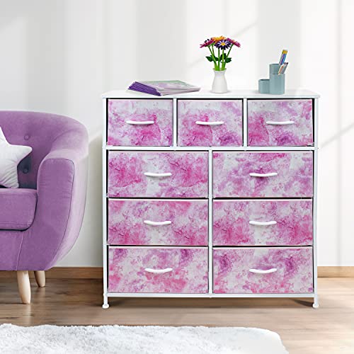 Sorbus Kids Dresser with 9 Drawers - Furniture Storage Chest Tower Unit for Bedroom, Hallway, Closet, Office Organization - Steel Frame, Wood Top, Tie-dye Fabric Bins (Pink, Tie-dye)