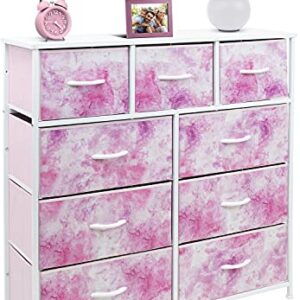 Sorbus Kids Dresser with 9 Drawers - Furniture Storage Chest Tower Unit for Bedroom, Hallway, Closet, Office Organization - Steel Frame, Wood Top, Tie-dye Fabric Bins (Pink, Tie-dye)