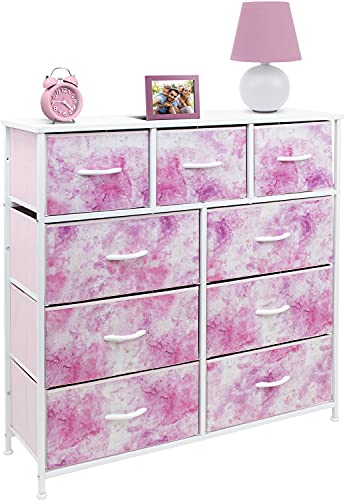 Sorbus Kids Dresser with 9 Drawers - Furniture Storage Chest Tower Unit for Bedroom, Hallway, Closet, Office Organization - Steel Frame, Wood Top, Tie-dye Fabric Bins (Pink, Tie-dye)