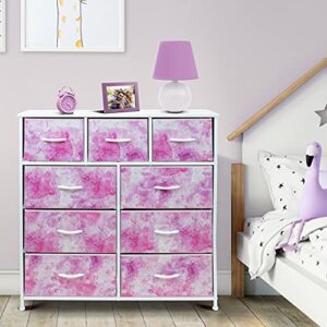 Sorbus Kids Dresser with 9 Drawers - Furniture Storage Chest Tower Unit for Bedroom, Hallway, Closet, Office Organization - Steel Frame, Wood Top, Tie-dye Fabric Bins (Pink, Tie-dye)