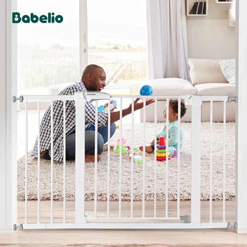 BABELIO Metal Baby Gate Dog Gate 29-48 Inch Extra Wide Pet Gate for Stairs & Doorways, Pressure Mounted Walk Thru Child Gate with Door, NO Need Tools NO Drilling, with Wall Cups