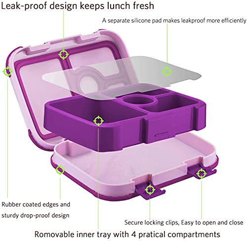 LROZA Leakproof Kids Lunch Box | 4-Compartment Bento Box for Kids | BPA-Free | School Lunch Container for Boys Girls | Children Travel On-the-Go Meal and Snack Packing Containers (PURPLE)