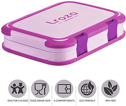 LROZA Leakproof Kids Lunch Box | 4-Compartment Bento Box for Kids | BPA-Free | School Lunch Container for Boys Girls | Children Travel On-the-Go Meal and Snack Packing Containers (PURPLE)