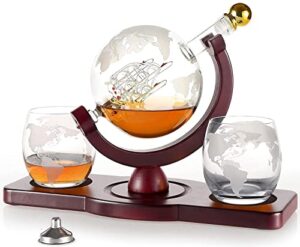 father's day gifts for men dad, unique anniversary birthday gift for him husband boyfriend groomsmen, globe decanter set with 2 glasses, wedding bourbon liquor scotch cool stuff presents for brother