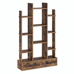 rolanstar bookshelf with 2 wooden drawers, rustic wood bookshelves, book shelf free standing storage shelf for bedroom, living room, home office, rustic brown