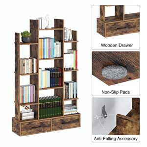 Rolanstar Bookshelf with 2 Wooden Drawers, Rustic Wood Bookshelves, Book Shelf Free Standing Storage Shelf for Bedroom, Living Room, Home Office, Rustic Brown