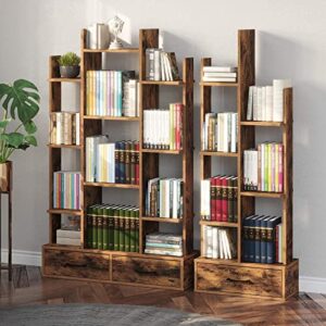 Rolanstar Bookshelf with 2 Wooden Drawers, Rustic Wood Bookshelves, Book Shelf Free Standing Storage Shelf for Bedroom, Living Room, Home Office, Rustic Brown