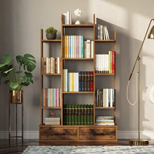 Rolanstar Bookshelf with 2 Wooden Drawers, Rustic Wood Bookshelves, Book Shelf Free Standing Storage Shelf for Bedroom, Living Room, Home Office, Rustic Brown