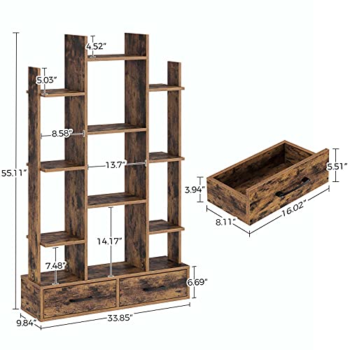 Rolanstar Bookshelf with 2 Wooden Drawers, Rustic Wood Bookshelves, Book Shelf Free Standing Storage Shelf for Bedroom, Living Room, Home Office, Rustic Brown