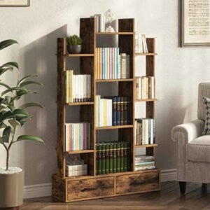 Rolanstar Bookshelf with 2 Wooden Drawers, Rustic Wood Bookshelves, Book Shelf Free Standing Storage Shelf for Bedroom, Living Room, Home Office, Rustic Brown