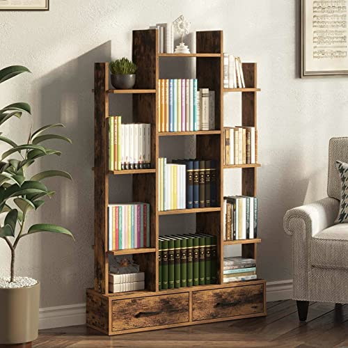 Rolanstar Bookshelf with 2 Wooden Drawers, Rustic Wood Bookshelves, Book Shelf Free Standing Storage Shelf for Bedroom, Living Room, Home Office, Rustic Brown