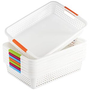 lawei 8 pack large plastic sorage basket with handle - 15 x 10 x 3 inch pantry organizer basket bins desktop paper storage basket for organization, countertops, cabinets, bedrooms, bathrooms