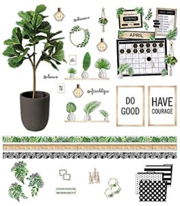 schoolgirl style simply boho classroom decor bundle, boho decor, classroom calendar, bulletin board paper, boho plants, name tag, name plate, motivational poster and white & black folder sets (353 pc)