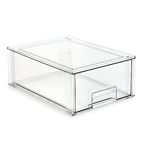 Isaac Jacobs Large Stackable Organizer Drawer (13.5” x 9.9” x 5.4”), Clear Plastic Storage Box, Pull-Out Bin, Home, Office, Closet & Shoe Organization, BPA-Free, Food/Fridge/Freezer Safe (Large)