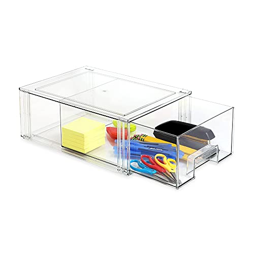 Isaac Jacobs Large Stackable Organizer Drawer (13.5” x 9.9” x 5.4”), Clear Plastic Storage Box, Pull-Out Bin, Home, Office, Closet & Shoe Organization, BPA-Free, Food/Fridge/Freezer Safe (Large)