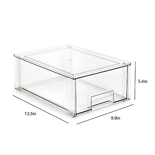 Isaac Jacobs Large Stackable Organizer Drawer (13.5” x 9.9” x 5.4”), Clear Plastic Storage Box, Pull-Out Bin, Home, Office, Closet & Shoe Organization, BPA-Free, Food/Fridge/Freezer Safe (Large)