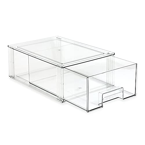 Isaac Jacobs Large Stackable Organizer Drawer (13.5” x 9.9” x 5.4”), Clear Plastic Storage Box, Pull-Out Bin, Home, Office, Closet & Shoe Organization, BPA-Free, Food/Fridge/Freezer Safe (Large)