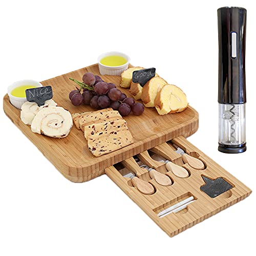 NUBO Cheese Servers - Bamboo Cheese Board and Knife Set with Electric Wine Opener - Charcuterie Board Set, 13 x 13 x 2 Inch Meat, Wine and Cheese Platter - Transforming Cheese Board with Cutlery