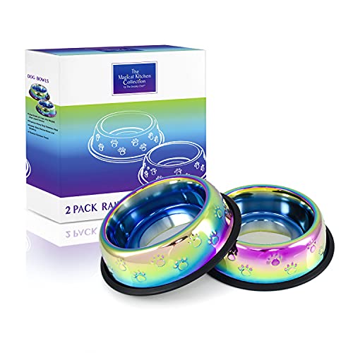 The Magical Kitchen Collection - Iridescent Rainbow Pet Bowl Set - Heavy Duty Stainless Steel Water & Feeder Bowls for Cats/Dogs with Non-Skid Rubber Base, 32 Oz. / 4 Cup Capacity Each (Set of 2)