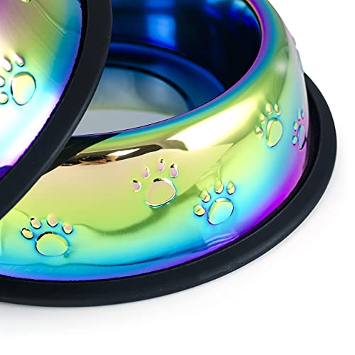 The Magical Kitchen Collection - Iridescent Rainbow Pet Bowl Set - Heavy Duty Stainless Steel Water & Feeder Bowls for Cats/Dogs with Non-Skid Rubber Base, 32 Oz. / 4 Cup Capacity Each (Set of 2)